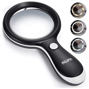 magnifying glass with light, mojino 10x lighted large handheld reading magnifier glasses with 18 led lights for macular degeneration, seniors & kids reading, inspection, coins, jewelry, exploring