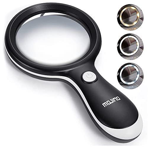 Magnifying Glass with Light, MOJINO 10X Lighted Large Handheld Reading Magnifier Glasses with 18 LED Lights for Macular Degeneration, Seniors & Kids Reading, Inspection, Coins, Jewelry, Exploring