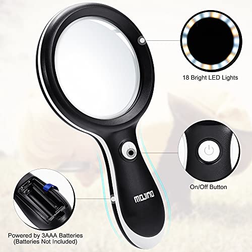 Magnifying Glass with Light, MOJINO 10X Lighted Large Handheld Reading Magnifier Glasses with 18 LED Lights for Macular Degeneration, Seniors & Kids Reading, Inspection, Coins, Jewelry, Exploring