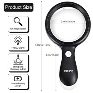 Magnifying Glass with Light, MOJINO 10X Lighted Large Handheld Reading Magnifier Glasses with 18 LED Lights for Macular Degeneration, Seniors & Kids Reading, Inspection, Coins, Jewelry, Exploring