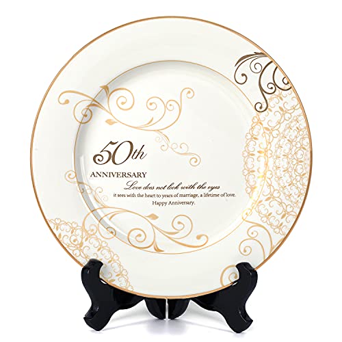 Urllinz 50th Wedding Anniversary Plate with 24k Gold Foil-50th Anniversary Wedding Gifts for Parents Couple,50 Year Golden Wedding Gifts for Her Him,9 Inch Porcelain Plate for Grandparents with Stand