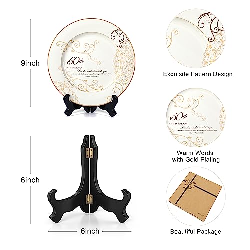 Urllinz 50th Wedding Anniversary Plate with 24k Gold Foil-50th Anniversary Wedding Gifts for Parents Couple,50 Year Golden Wedding Gifts for Her Him,9 Inch Porcelain Plate for Grandparents with Stand