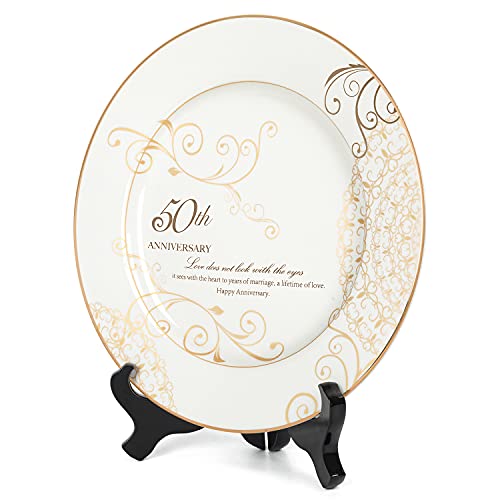 Urllinz 50th Wedding Anniversary Plate with 24k Gold Foil-50th Anniversary Wedding Gifts for Parents Couple,50 Year Golden Wedding Gifts for Her Him,9 Inch Porcelain Plate for Grandparents with Stand