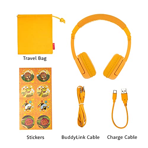 BuddyPhones ONANOFF Play+, Wireless Bluetooth Volume-Limiting Kids Headphones, 20-Hours Battery Life, 3 Volume Settings, Voice Enhancing StudyMode, Answer/Playback Button, BuddyLink Cable, Sun Yellow