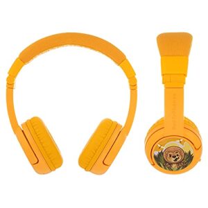 BuddyPhones ONANOFF Play+, Wireless Bluetooth Volume-Limiting Kids Headphones, 20-Hours Battery Life, 3 Volume Settings, Voice Enhancing StudyMode, Answer/Playback Button, BuddyLink Cable, Sun Yellow