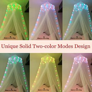 Elnsivo White Bed Canopy, Princess Canopy Bed Curtains with 18 Color Changing Star Lights Dome Bed Canopy with Lights for Girls Bedroom Twin Full Queen King Size Bed