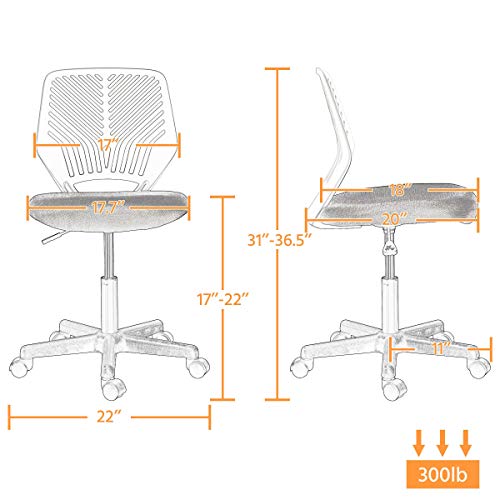 Topeakmart Armless Office Ergonomic Task Conference Chair No Arms Writing Desk Computer Chair with Lumbar Support Mid-Back 360 Swivel Adjustable Height Modern Rolling Chair for Small Space, Turquoise