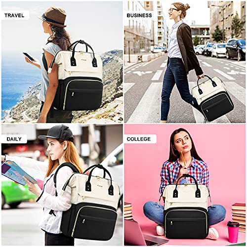 LOVEVOOK Laptop Backpack for Women Fashion Business Computer Backpacks Travel Bags Purse Doctor Nurse Work Backpack with USB Port, Fits 15.6-Inch Laptop Beige-Black