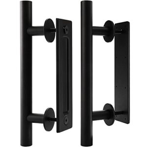 peohud 2 pack sliding barn door handle, carbon steel pull and flush hardware set, 12 inch heavy duty rustic two-side design door hardware set for barn, bedroom, gate, cabinet