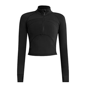 ZHENWEI Women's Yoga Jacket 1/2 Zip Athletic Long Sleeve Running Top with Thumb Holes Black M