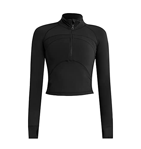 ZHENWEI Women's Yoga Jacket 1/2 Zip Athletic Long Sleeve Running Top with Thumb Holes Black M