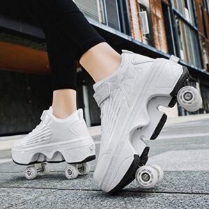 rdjshop, women pulley shoes, 2 in 1 multifunctional deformation roller skating shoes, double row skates perfect indoor outdoor sports for adults kids,white25.526cm