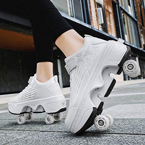 RDJSHOP, Women Pulley Shoes, 2 in 1 Multifunctional Deformation Roller Skating Shoes, Double Row Skates Perfect Indoor Outdoor Sports for Adults Kids,White25.526cm