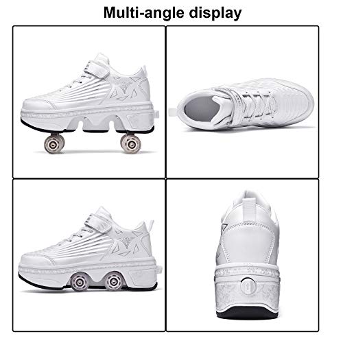 RDJSHOP, Women Pulley Shoes, 2 in 1 Multifunctional Deformation Roller Skating Shoes, Double Row Skates Perfect Indoor Outdoor Sports for Adults Kids,White25.526cm