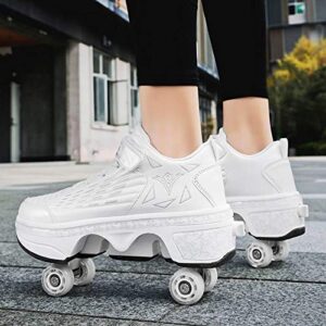 RDJSHOP, Women Pulley Shoes, 2 in 1 Multifunctional Deformation Roller Skating Shoes, Double Row Skates Perfect Indoor Outdoor Sports for Adults Kids,White25.526cm