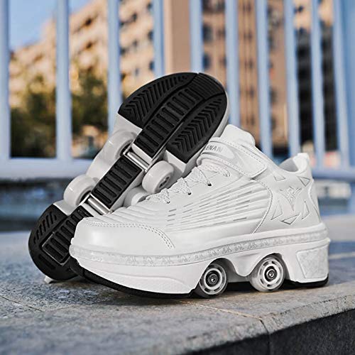 RDJSHOP, Women Pulley Shoes, 2 in 1 Multifunctional Deformation Roller Skating Shoes, Double Row Skates Perfect Indoor Outdoor Sports for Adults Kids,White25.526cm