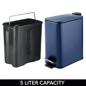 mDesign Slim Metal Rectangle 1.3 Gallon/5 Liter Trash Can with Step Pedal, Easy-Close Lid, Removable Liner - Narrow Wastebasket Garbage Container Bin for Bathroom, Bedroom, Kitchen - Navy Blue