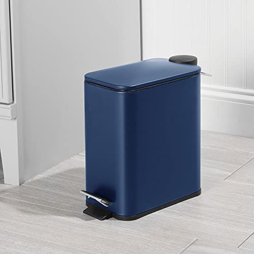 mDesign Slim Metal Rectangle 1.3 Gallon/5 Liter Trash Can with Step Pedal, Easy-Close Lid, Removable Liner - Narrow Wastebasket Garbage Container Bin for Bathroom, Bedroom, Kitchen - Navy Blue