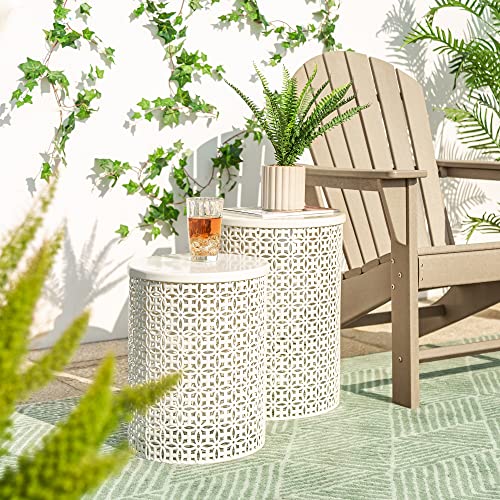 glitzhome Nesting Side Table Set of 2 Decorative Garden Stools for Indoor Outdoor Heavy Duty Metal Frame Modern End Table, Cream White