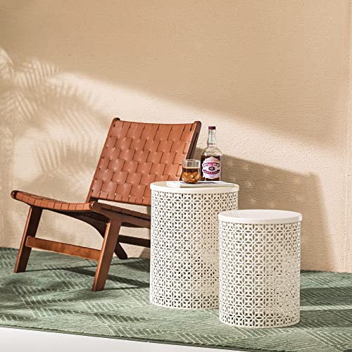 glitzhome Nesting Side Table Set of 2 Decorative Garden Stools for Indoor Outdoor Heavy Duty Metal Frame Modern End Table, Cream White