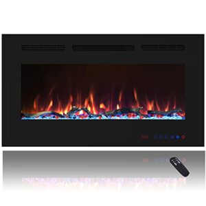 cheerway 30 inch wall mounted &recessed in wall electric fireplace with heater, linear wall fireplace w/thermostat, adjustable flame&fuel color, remote & touch control w/timer, 750w/1500w