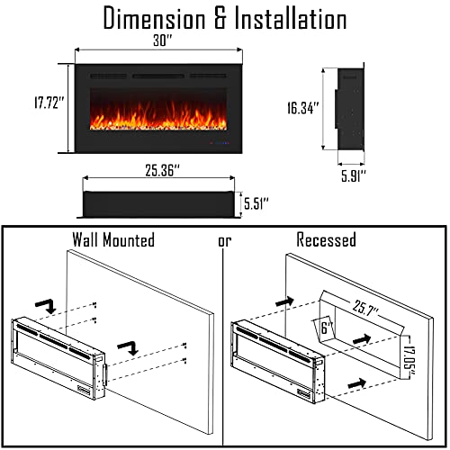 Cheerway 30 inch Wall Mounted &Recessed in Wall Electric Fireplace with Heater, Linear Wall Fireplace w/Thermostat, Adjustable Flame&Fuel Color, Remote & Touch Control w/Timer, 750W/1500W