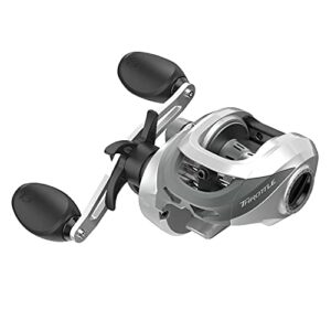 quantum throttle baitcast fishing reel, size 100 reel, right-hand retrieve, lightweight graphite frame and side covers, continuous anti-reverse clutch, 7.3:1 gear ratio, silver/black