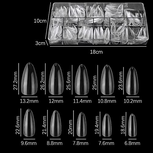 500Pcs Medium Almond Fake Nail Tips Full Cover Clear Acrylic Nails Press on Nails for DIY Nail Art, 10 Sizes (Clear)