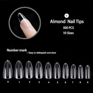 500Pcs Medium Almond Fake Nail Tips Full Cover Clear Acrylic Nails Press on Nails for DIY Nail Art, 10 Sizes (Clear)