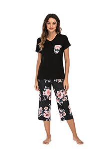 ichunhua comfy lounge sets for women short sleeve v-neck tops and floral print wide leg pants loose nightwear capri pajama set soft pj black m