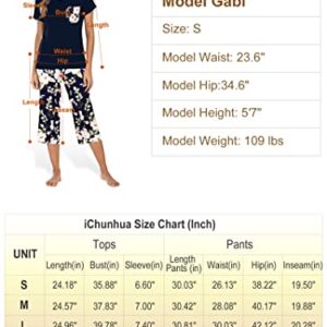 iChunhua Comfy Lounge Sets for Women Short Sleeve V-Neck Tops and Floral Print Wide Leg Pants Loose Nightwear Capri Pajama Set Soft Pj Black M