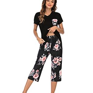 iChunhua Comfy Lounge Sets for Women Short Sleeve V-Neck Tops and Floral Print Wide Leg Pants Loose Nightwear Capri Pajama Set Soft Pj Black M