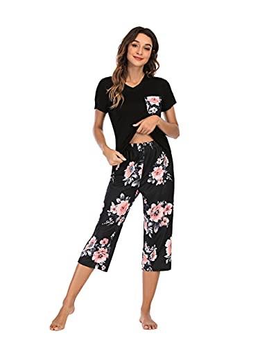 iChunhua Comfy Lounge Sets for Women Short Sleeve V-Neck Tops and Floral Print Wide Leg Pants Loose Nightwear Capri Pajama Set Soft Pj Black M