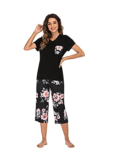 iChunhua Comfy Lounge Sets for Women Short Sleeve V-Neck Tops and Floral Print Wide Leg Pants Loose Nightwear Capri Pajama Set Soft Pj Black M