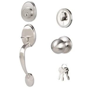 crutello entry door exterior handleset - satin nickel single cylinder deadbolt with door handle and knob, heritage style