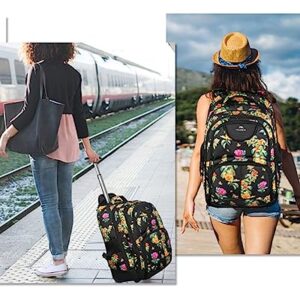 MATEIN Backpack with Wheels, Travel-friendly Rolling Laptop Backpack for Men Women, Freewheel Carry on Luggage Business bag, Compact College Trolley Suitcase Computer Bag fit 17 inch Notebook, Floral