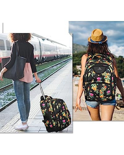 MATEIN Backpack with Wheels, Travel-friendly Rolling Laptop Backpack for Men Women, Freewheel Carry on Luggage Business bag, Compact College Trolley Suitcase Computer Bag fit 17 inch Notebook, Floral