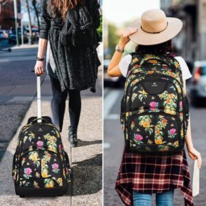 MATEIN Backpack with Wheels, Travel-friendly Rolling Laptop Backpack for Men Women, Freewheel Carry on Luggage Business bag, Compact College Trolley Suitcase Computer Bag fit 17 inch Notebook, Floral