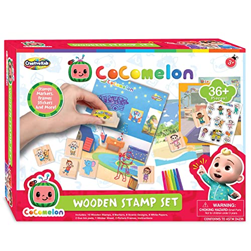 Cocomelon Stamp Set by Creative Kids- 36+ Piece Wooden Stamps Set Includes Ink Pads, Stickers, Markers, Picture Frames - Montessori Wood Stamp Birthday Gift Set for Girls Boys Toddlers Ages 3+