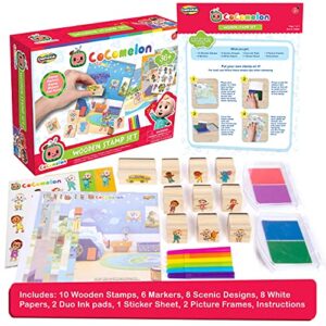 Cocomelon Stamp Set by Creative Kids- 36+ Piece Wooden Stamps Set Includes Ink Pads, Stickers, Markers, Picture Frames - Montessori Wood Stamp Birthday Gift Set for Girls Boys Toddlers Ages 3+