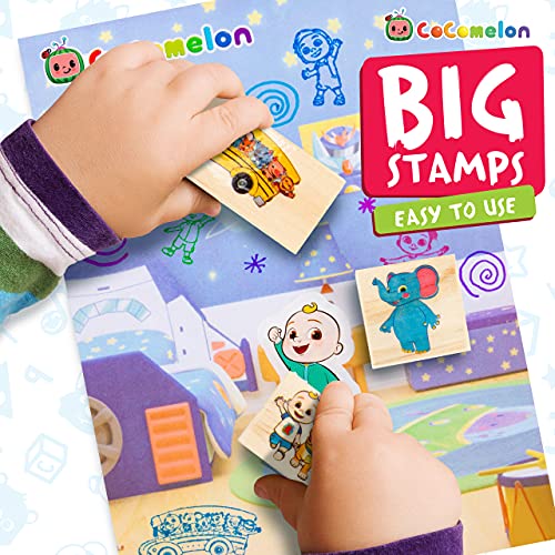 Cocomelon Stamp Set by Creative Kids- 36+ Piece Wooden Stamps Set Includes Ink Pads, Stickers, Markers, Picture Frames - Montessori Wood Stamp Birthday Gift Set for Girls Boys Toddlers Ages 3+