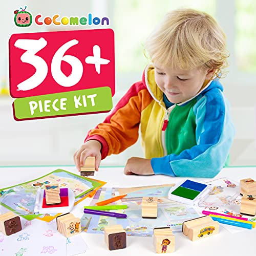 Cocomelon Stamp Set by Creative Kids- 36+ Piece Wooden Stamps Set Includes Ink Pads, Stickers, Markers, Picture Frames - Montessori Wood Stamp Birthday Gift Set for Girls Boys Toddlers Ages 3+