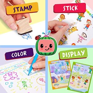 Cocomelon Stamp Set by Creative Kids- 36+ Piece Wooden Stamps Set Includes Ink Pads, Stickers, Markers, Picture Frames - Montessori Wood Stamp Birthday Gift Set for Girls Boys Toddlers Ages 3+