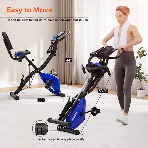 WHTOR Stationary Bike 4 in 1 Foldable Exercise Bike for Home with Pulse Sensor and 16 Level Adjustable Magnetic, Workout Cycling Upright Bike with Arm and Leg Resistance Band for Seniors