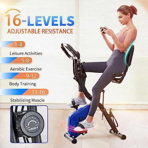 WHTOR Stationary Bike 4 in 1 Foldable Exercise Bike for Home with Pulse Sensor and 16 Level Adjustable Magnetic, Workout Cycling Upright Bike with Arm and Leg Resistance Band for Seniors