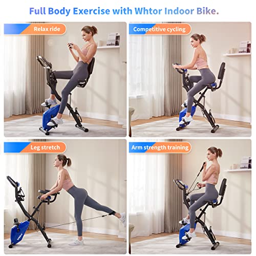 WHTOR Stationary Bike 4 in 1 Foldable Exercise Bike for Home with Pulse Sensor and 16 Level Adjustable Magnetic, Workout Cycling Upright Bike with Arm and Leg Resistance Band for Seniors