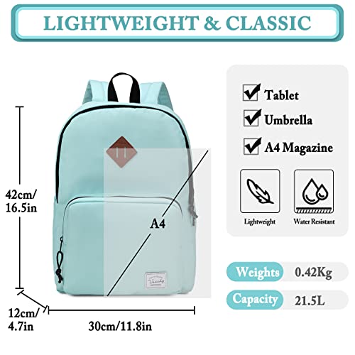 VASCHY School Backpack, Ultra Lightweight Backpack for Women Bookbag for Kids Teen Boys Girls Aqua