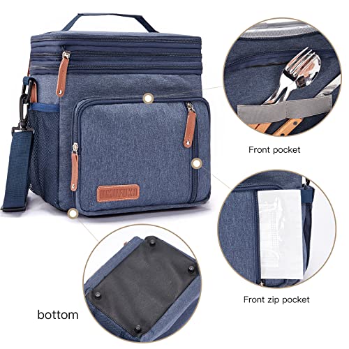 UMUFUKA Men's Double Compartment Lunch Bag, Insulated Lunch Cooler Tote 2 Roomy Large Reusable Water-resistant Lunch Box (Blue)