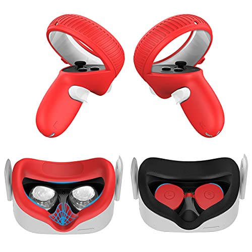 [3in1] for Oculus Quest 2 Accessories, Quest 2 VR Waterproof Silicone Face Cover Pad Controller Grip Fall Protection Case and Protective Lens Cover Washable, Anti-Leakage Ergonomic Design (Red)