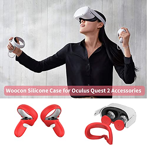 [3in1] for Oculus Quest 2 Accessories, Quest 2 VR Waterproof Silicone Face Cover Pad Controller Grip Fall Protection Case and Protective Lens Cover Washable, Anti-Leakage Ergonomic Design (Red)